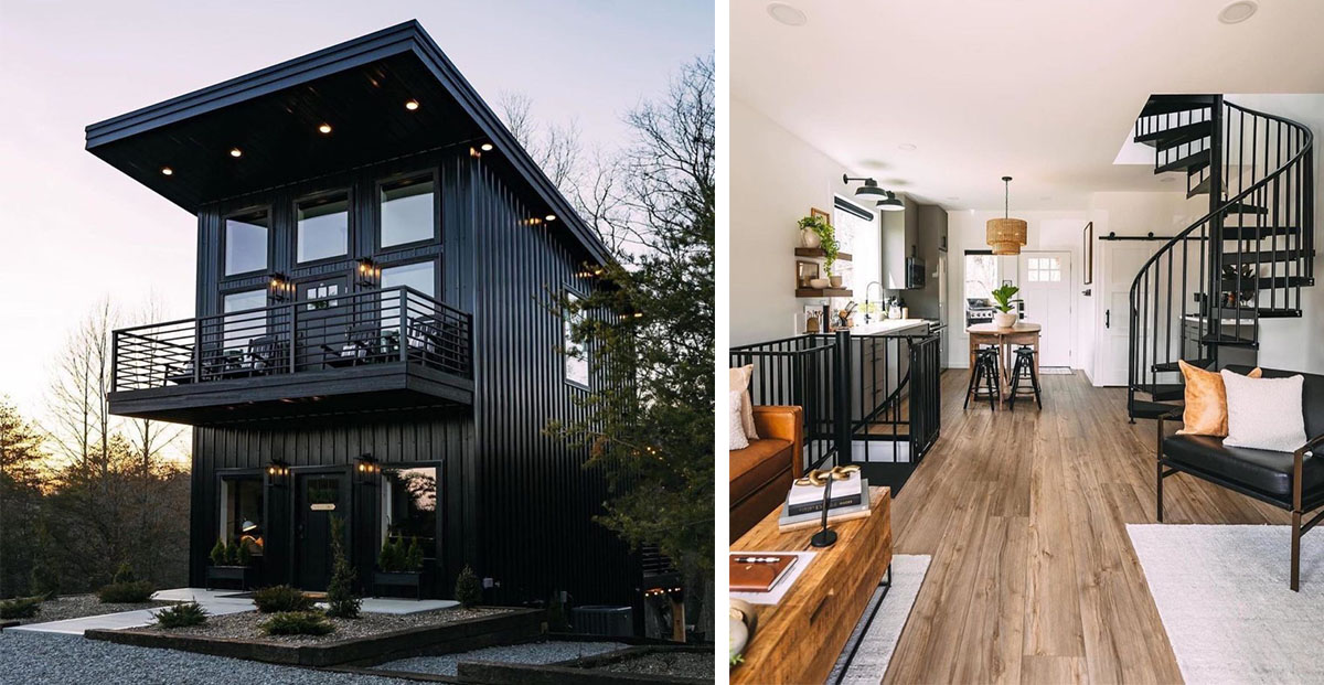 Una elegante casa container de dos pisos con un diseño interior que ...